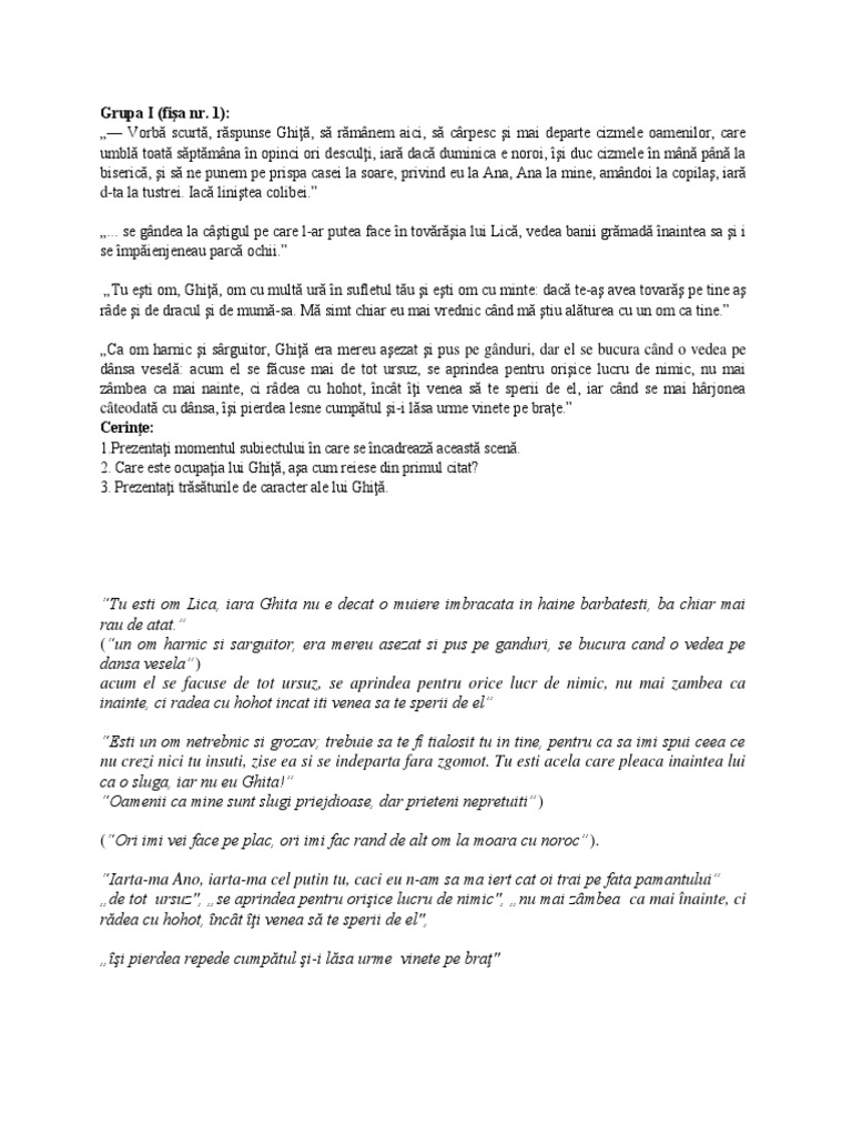 Fisa Lucru Moara Cu Noroc | PDF