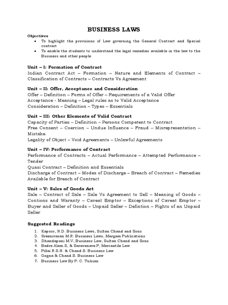 Business Law Syllabus for B.Com 1st Year | PDF | Law Of Obligations ...