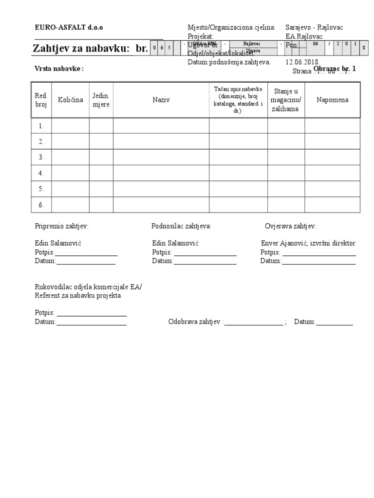 Zahtjev Za Nabavku | PDF