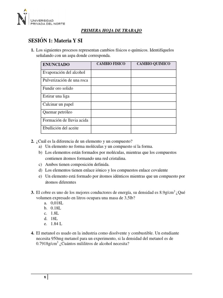 Hoja De Trabajo Sobre Materia Y átomos