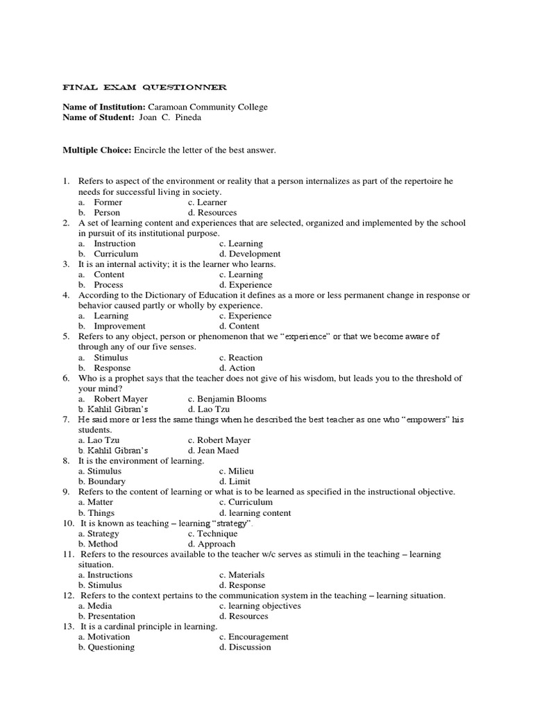 FINAL EXAM Questions | PDF | Learning | Teachers