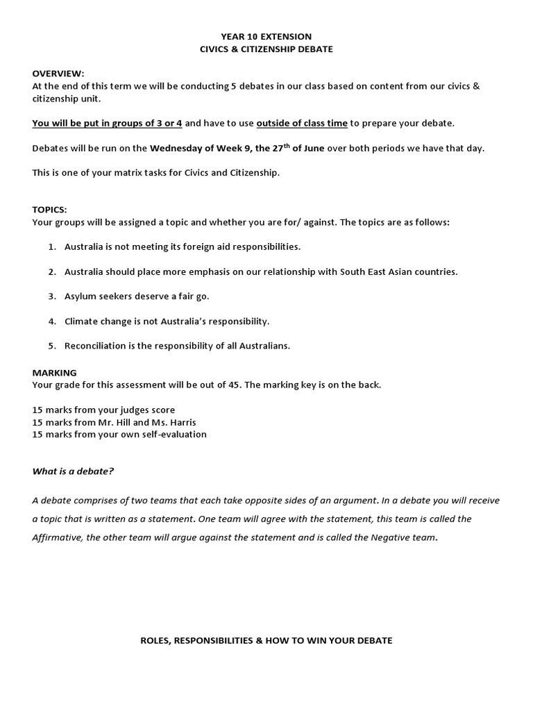 Year 10 Civics Debate Guidelines | PDF | Epistemology | Communication