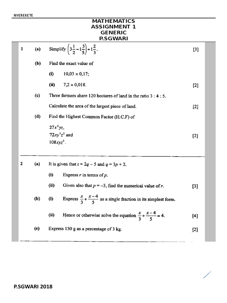 Mathematics Assignment 1 Generic P.Sgwari | PDF
