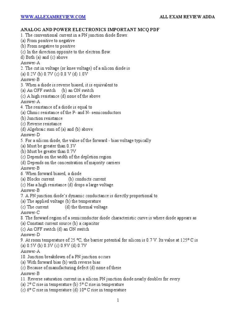 Analog and Power Electronics Important MCQ PDF: All Exam Review Adda | PDF | Bipolar Junction ...