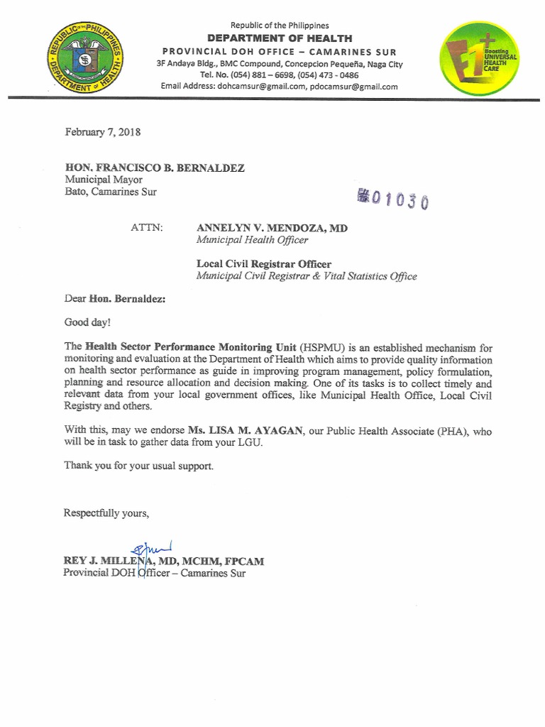 HSPME Endorsement Letter For PHA (Bato) | PDF