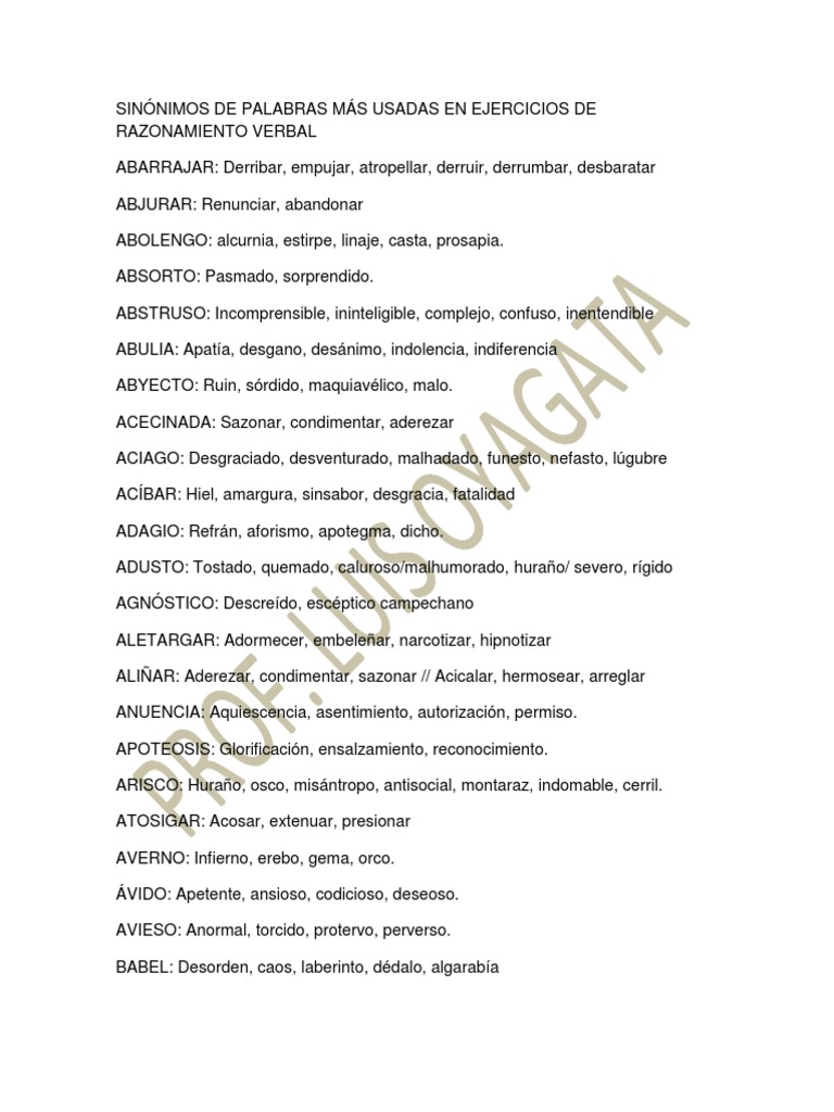 Sinónimos de Palabras Más Usadas en Ejercicios de Razonamiento Verbal | PDF