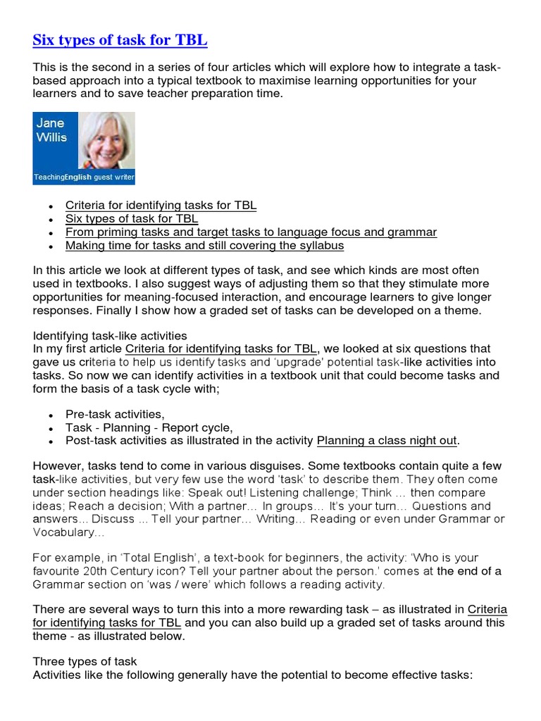 Six Types of Task For TBL | PDF | Textbook | Reading (Process)