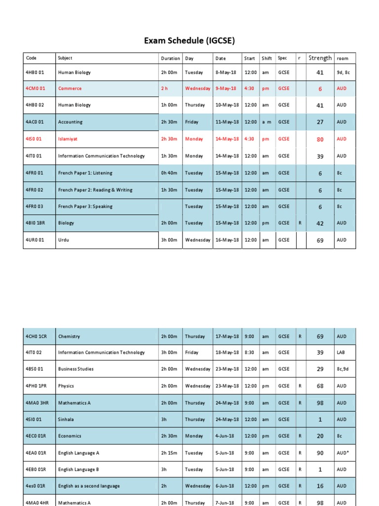 Exam Schedule Igcse | PDF