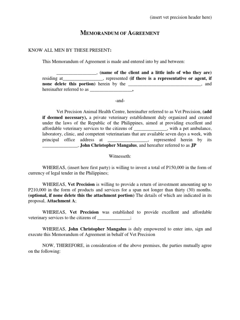 Memorandum of Agreement Vet Precision | Veterinary Physician | Common Law