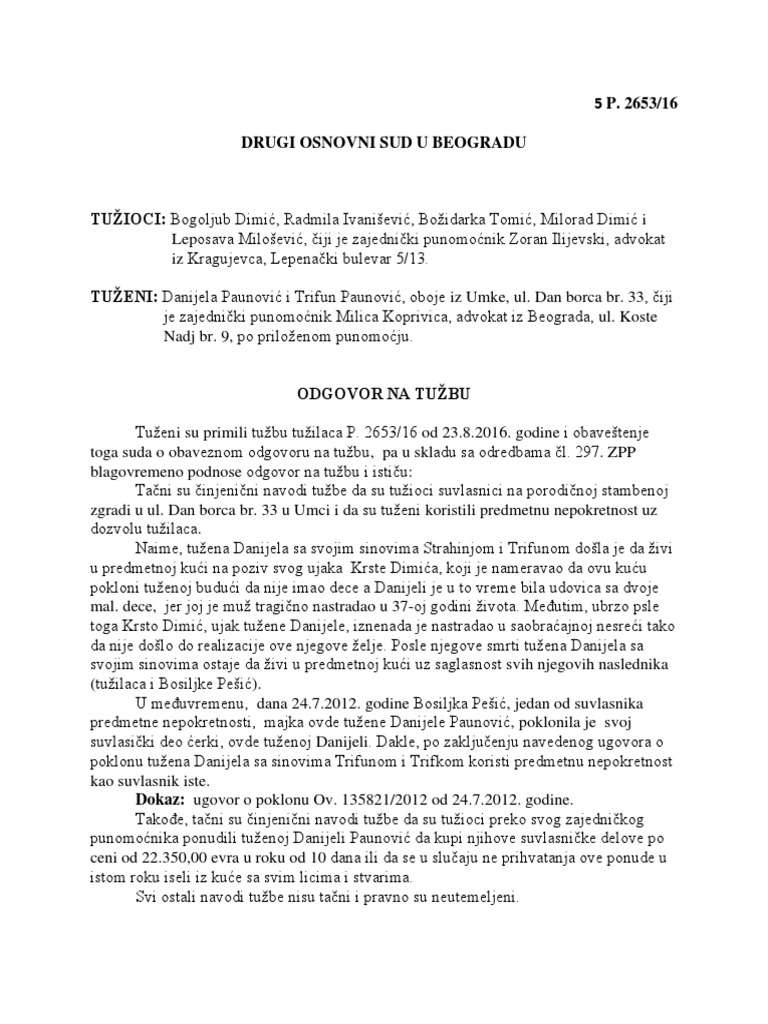 Odgovor Na Tužbu - DUNJA. - Druga | PDF