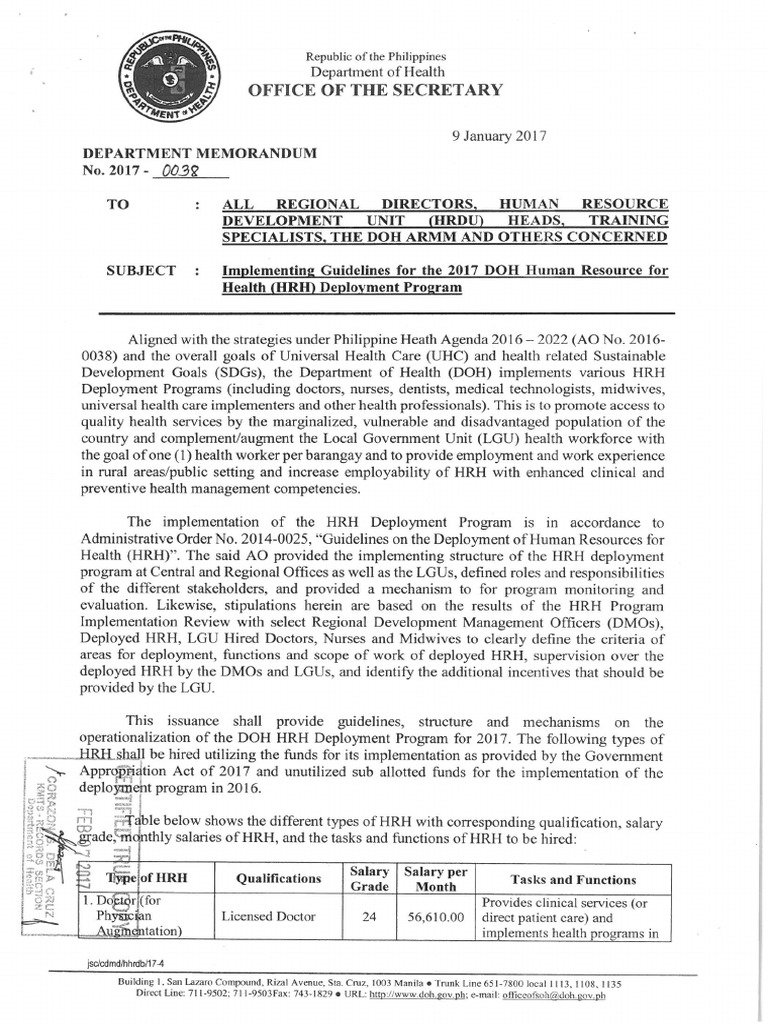 DM 2007 - 38 - Implementing Guidelines For The 2017 DOH HRH Deployment ...