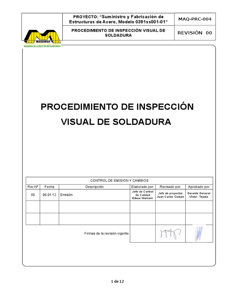 PRC-04 Procedimiento de Inspección Visual de Soldadura | Soldadura | Acero