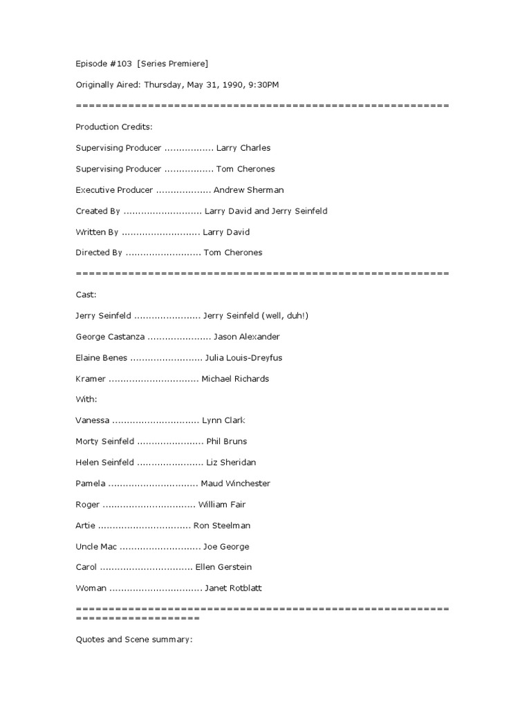 Seinfeld - Episode 1x03 Script | PDF | Seinfeld | Leisure