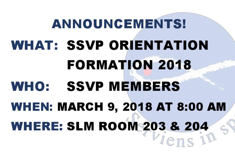 Announcements!: SSVP Orientation Formation 2018 SSVP Members | PDF