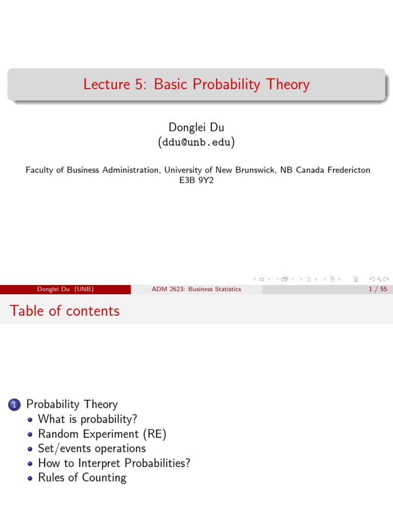 Lecture 5: Basic Probability Theory: Donglei Du (Ddu@unb - Edu) | PDF ...