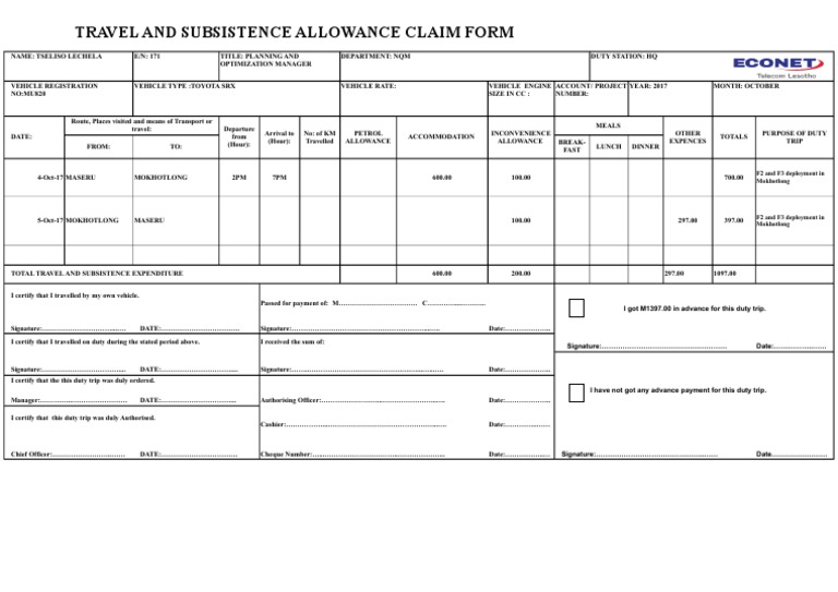 Travel and Subsistence Allowance Claim Form: F2 and F3 Deployment in ...