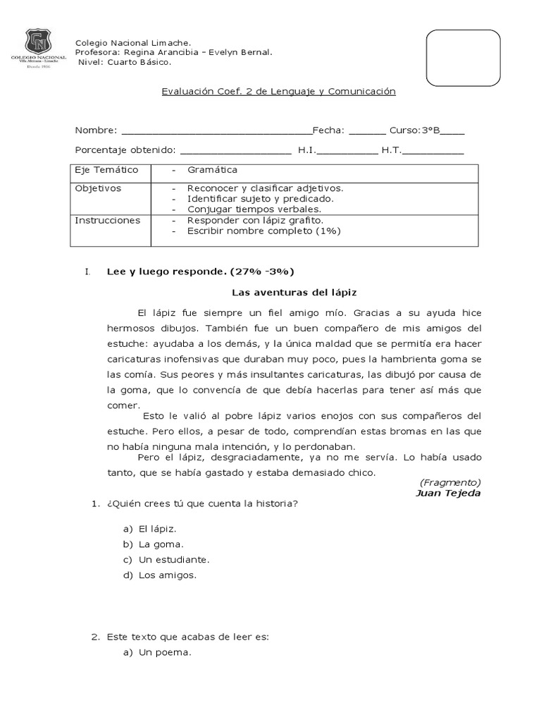 Prueba Gramatica 3 | PDF | Predicado (Gramática) | Adjetivo