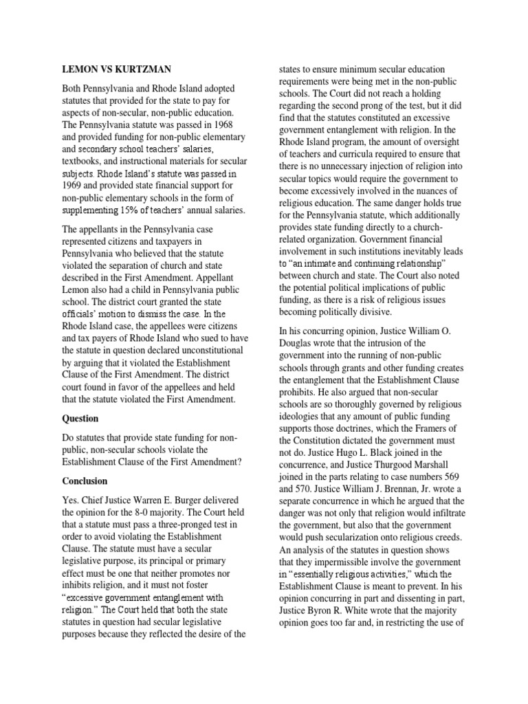 Lemon Vs Kurtzman | PDF | Establishment Clause | First Amendment To The ...