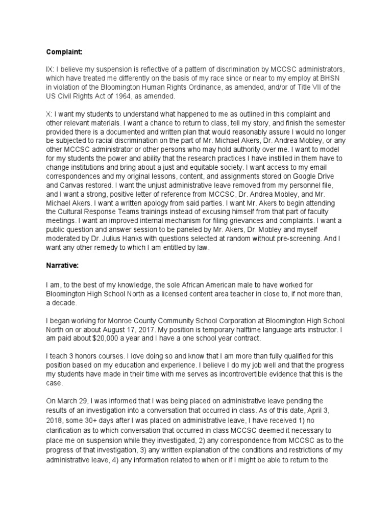 Paxton Suggs Complaint To Bloomington Human Rights Commission | PDF ...