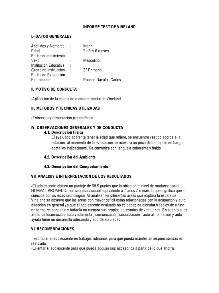 Informe Test de Vineland | PDF