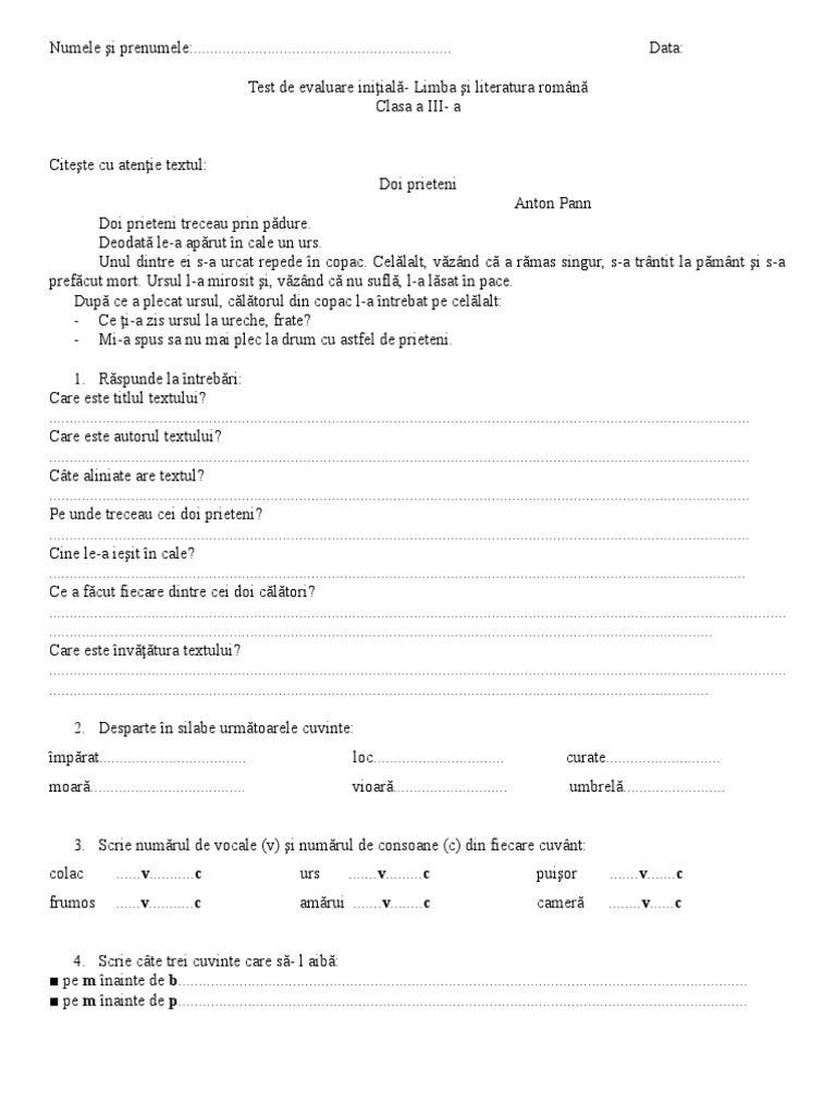 Test de Evaluare Initiala Clasa A III A LB Romana | PDF