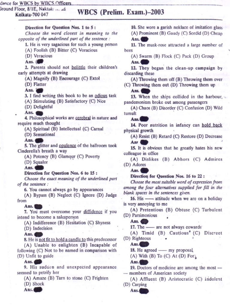 WBCS Preliminary Question Paper Preliminary 2003 | PDF