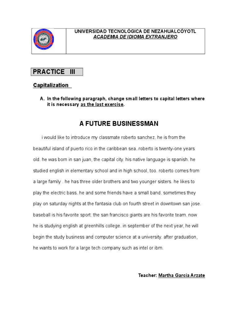 Capitalization Exercise for Students | PDF
