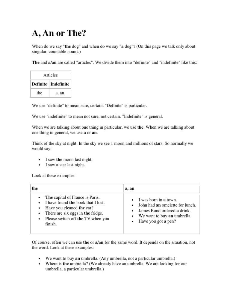 A, An or The?: The and A/an Are Called "Articles". We Divide Them Into ...