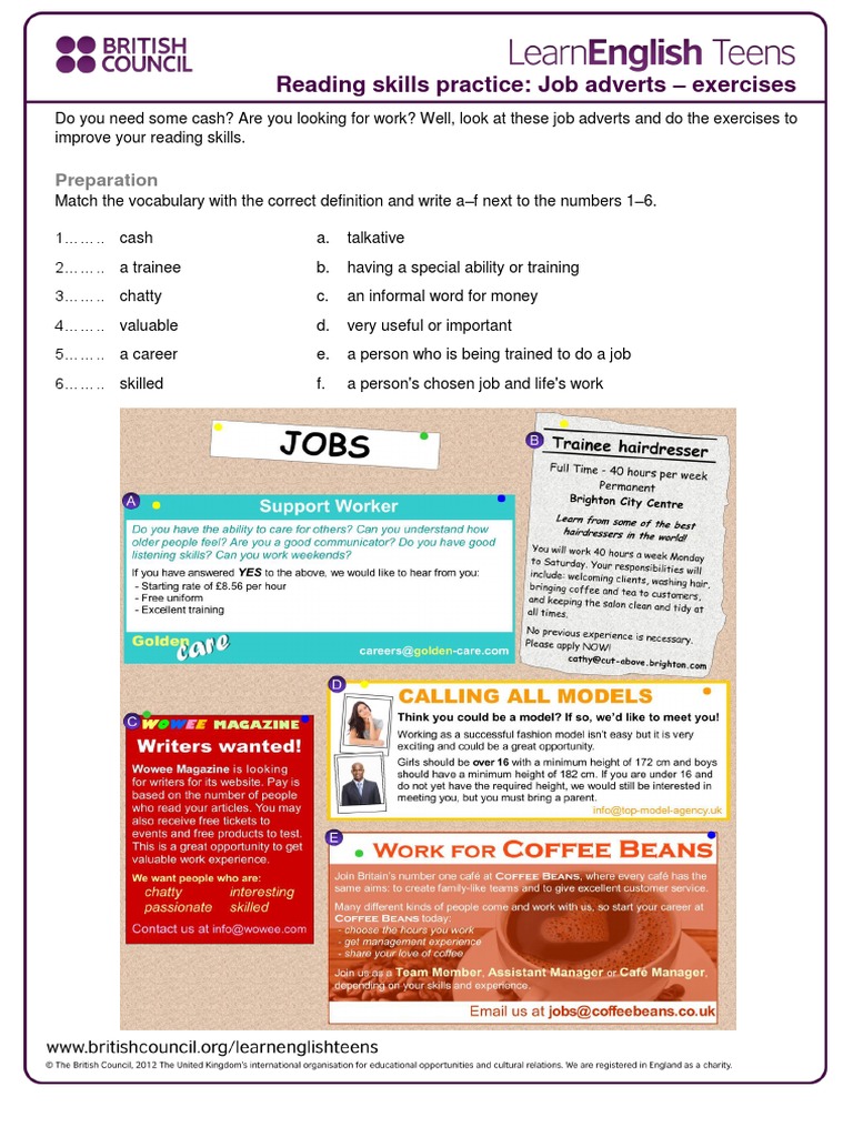 Job Adverts Reading Exercises | PDF | Language Arts & Discipline