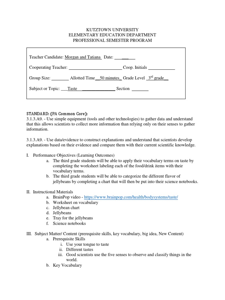 Lesson Plan - Taste 5 | PDF | Taste | Behavior Modification