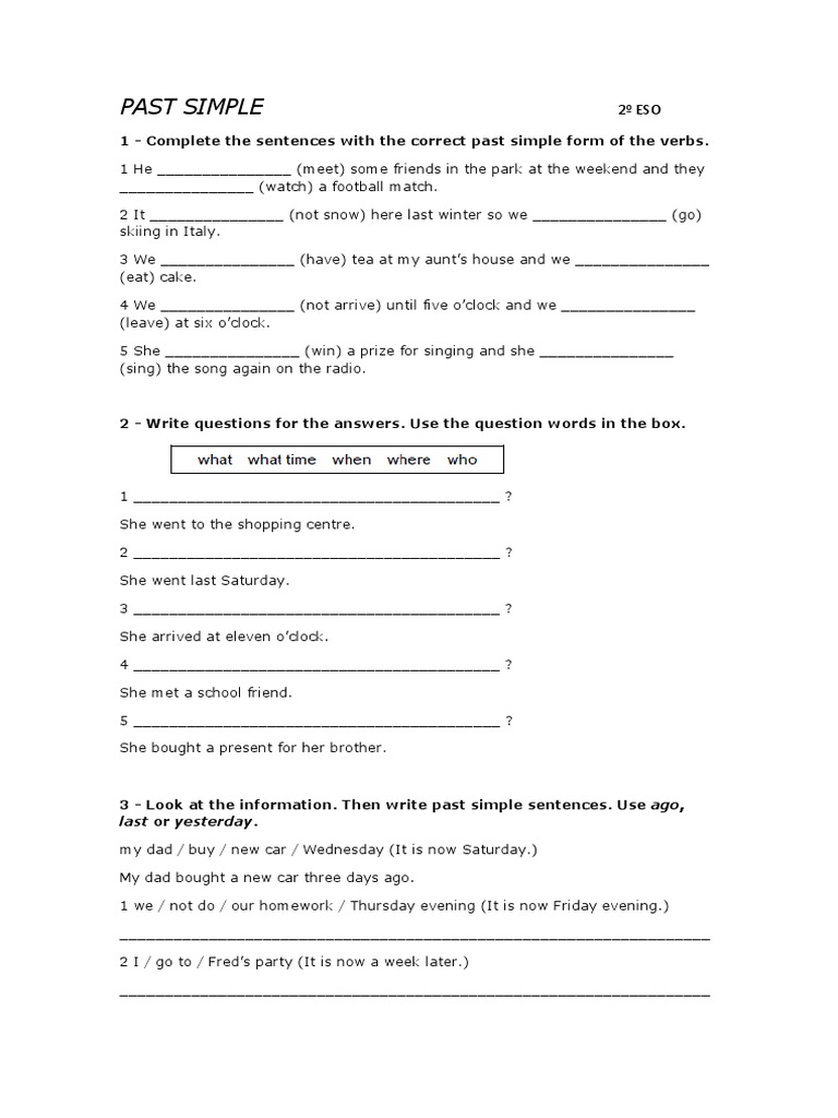 Past Simple: 1 - Complete The Sentences With The Correct Past Simple ...
