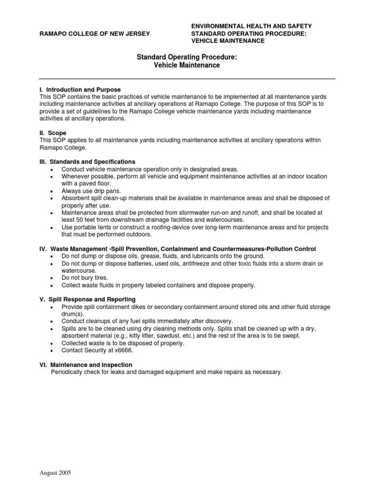 Standard Operating Procedure: Vehicle Maintenance | PDF | Vehicles ...