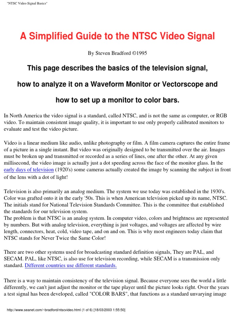 A Simplified Guide To The NTSC Video Signal | PDF | Video | Television