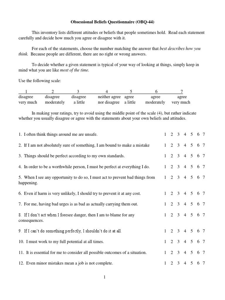 Obsessional Beliefs Questionnaire OBQ 44 | PDF | Attitude (Psychology) | Psychology