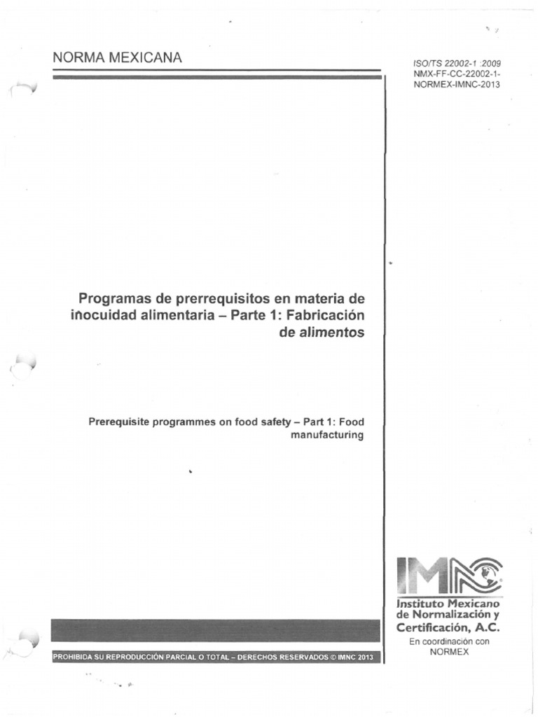 Norma ISO - TS22002-1Programas Prerrequisito para La Inocuidad ...