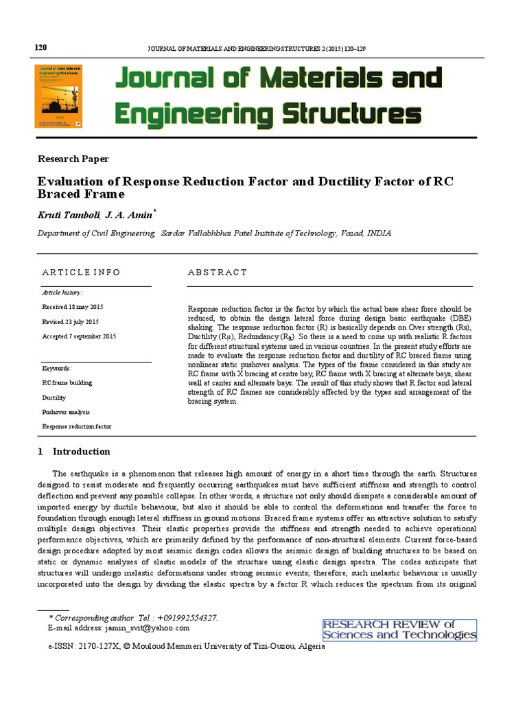 Evaluation of Response Reduction Factor and Ductility Factor of RC ...