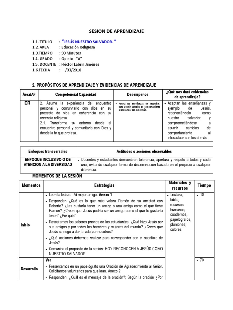 Sesión Religión-5°-2018-Jesus Nuestro Salvador | PDF | Prestado | Jesús