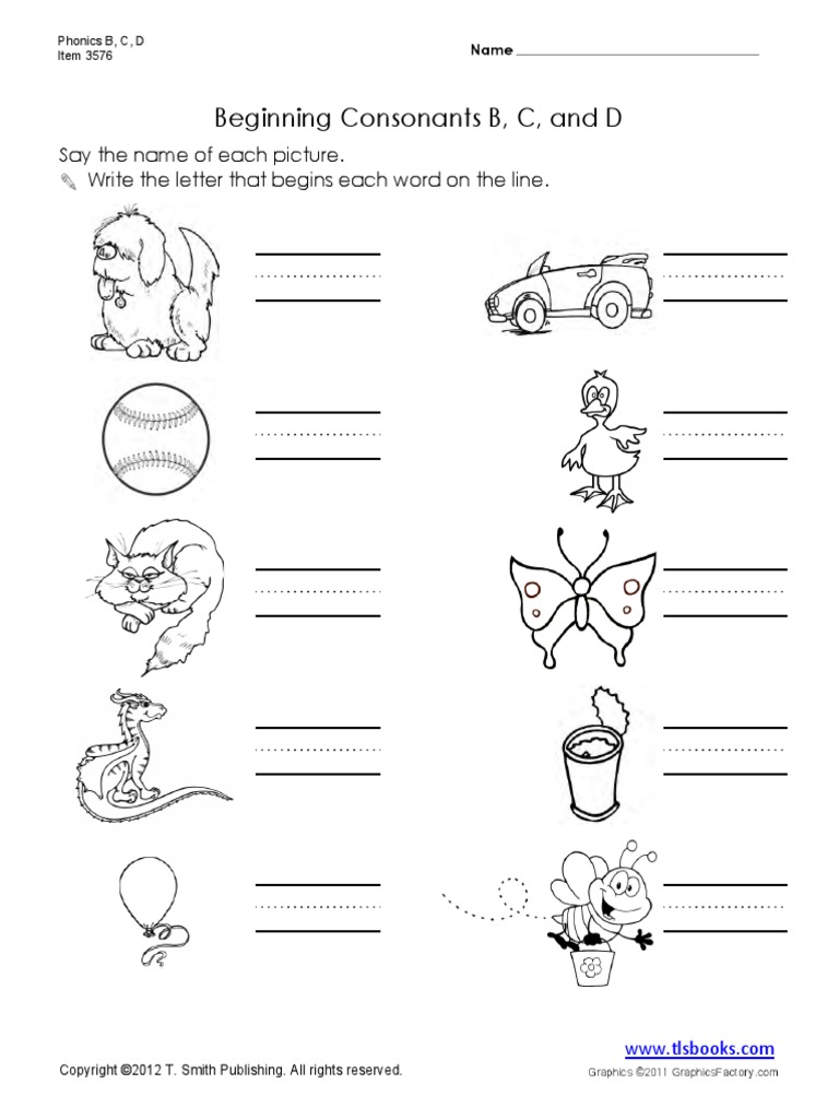 Beginning Consonants B, C, and D: Say The Name of Each Picture. Write ...