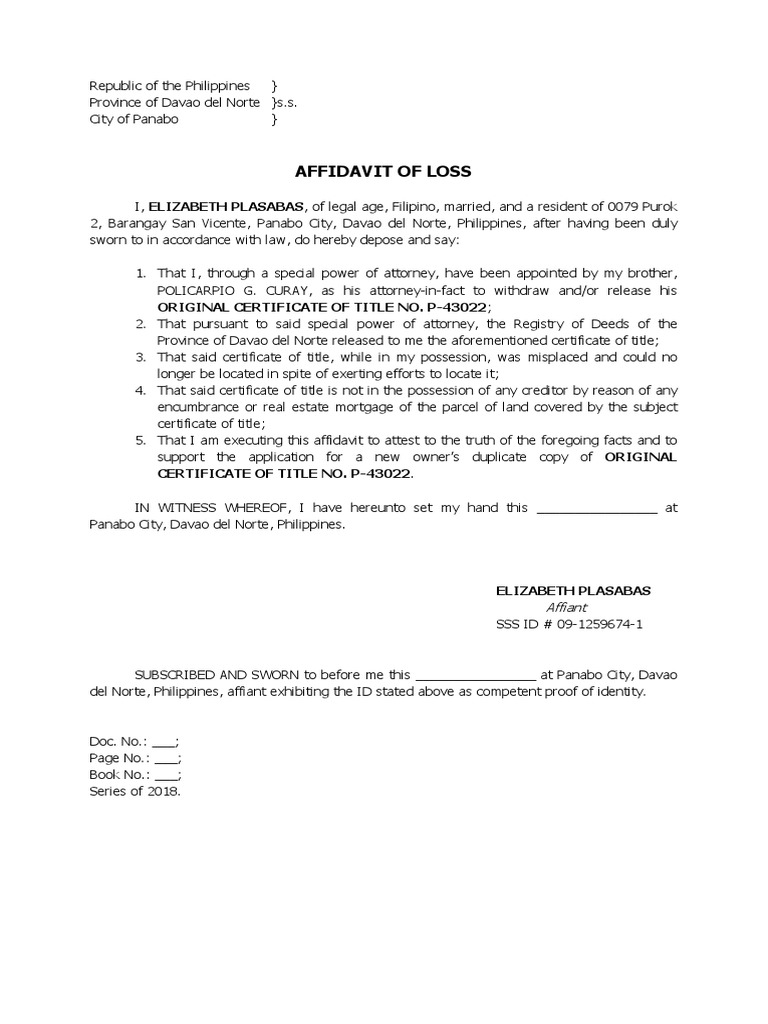 Affidavit of Loss Certificate of Title | PDF