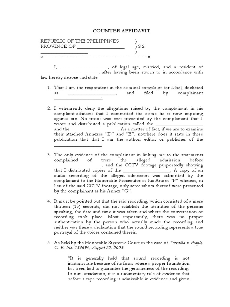 Counter-Affidavit Libel Sample | Defamation | Public Law