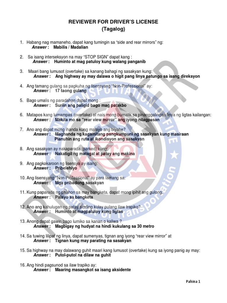LTO Tagalog Reviewer | PDF