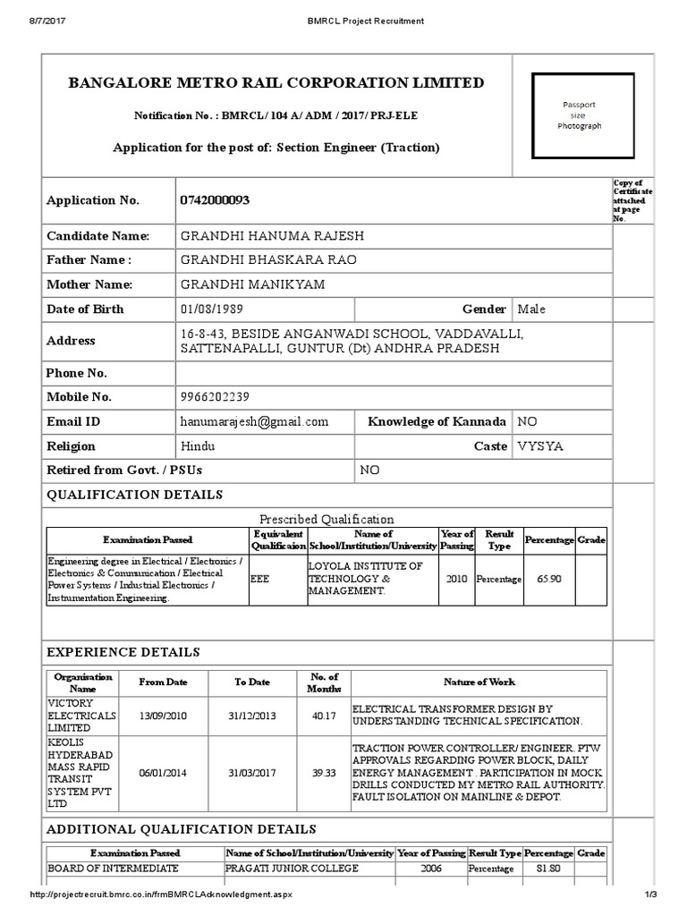 BMRCL Project Recruitment | PDF