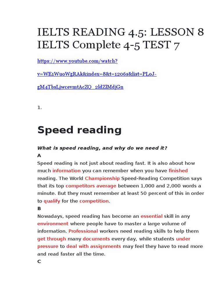 Lesson 8 - Speed Reading | PDF | Speed Reading | Sun