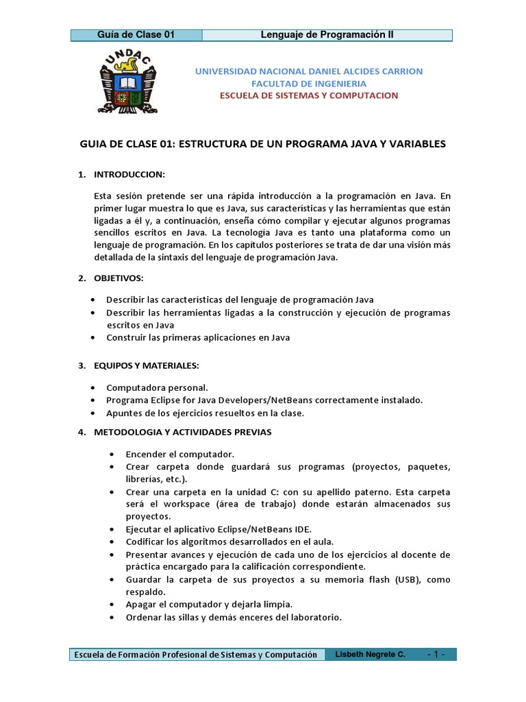 Guia Clase 01 Java Intro Estructura Programa Variables PDF | PDF ... Guia Clase 01 Java Intro Estructura Programa Variables PDF | PDF ...