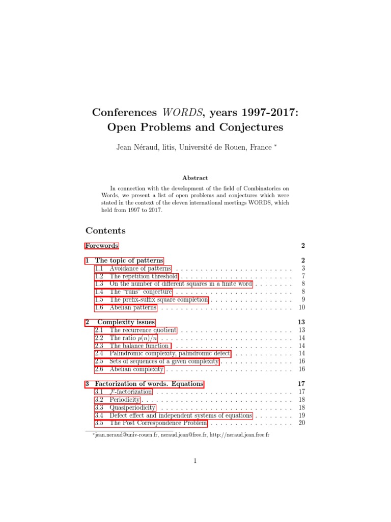Conferences WORDS, Years 1997-2017: Open Problems and Conjectures | PDF | Numbers | Exponentiation