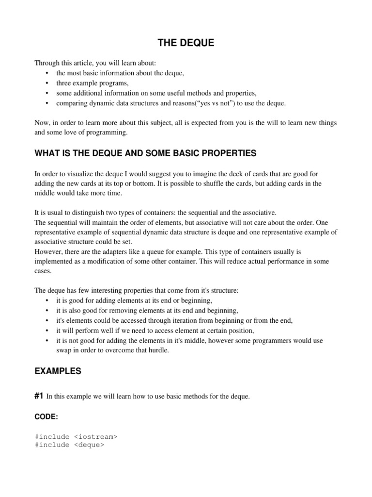 Deque | PDF | Array Data Structure | Computer Programming Deque | PDF | Array Data Structure | Computer Programming