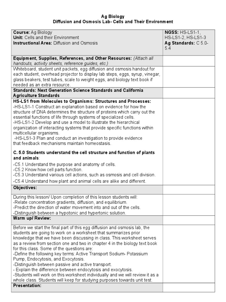 Diffusion and Osmosis Lesson Plan | PDF | Osmosis | Cell (Biology)