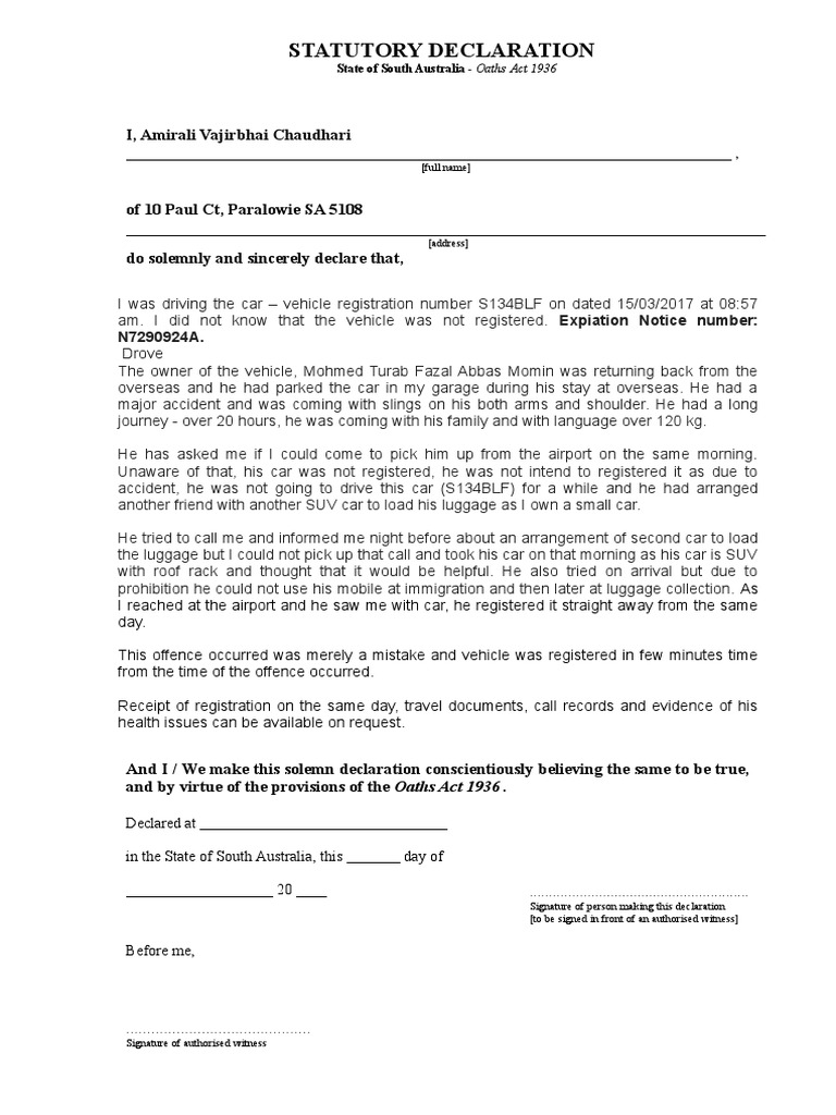 South Australian Statutory Declaration | PDF | Car | Government Information