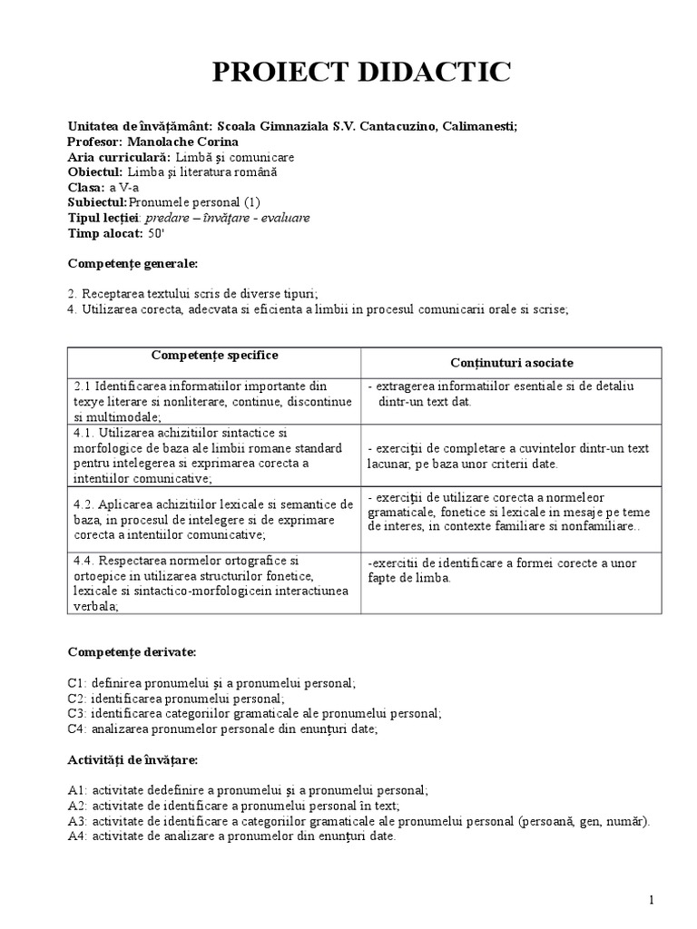 Proiect Didacticls.5 Pronumelelectia 1 (1) Bun | PDF