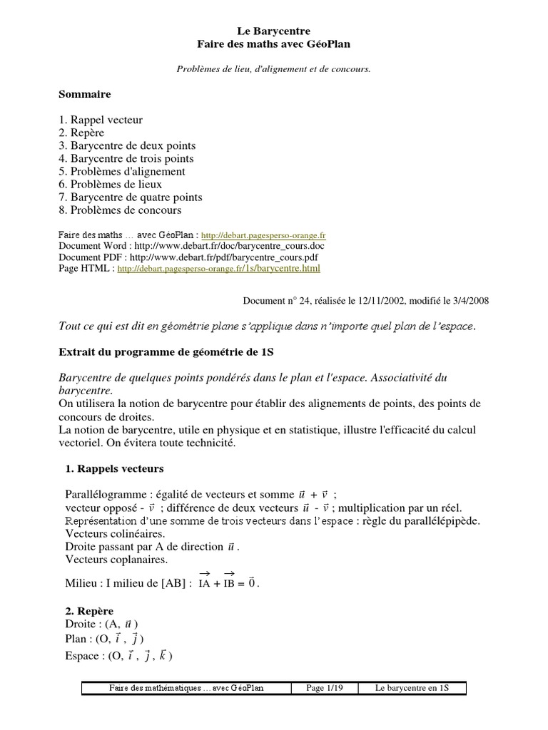 Barycentre en 1S : Cours et Exercices | PDF | Triangle | Algèbre